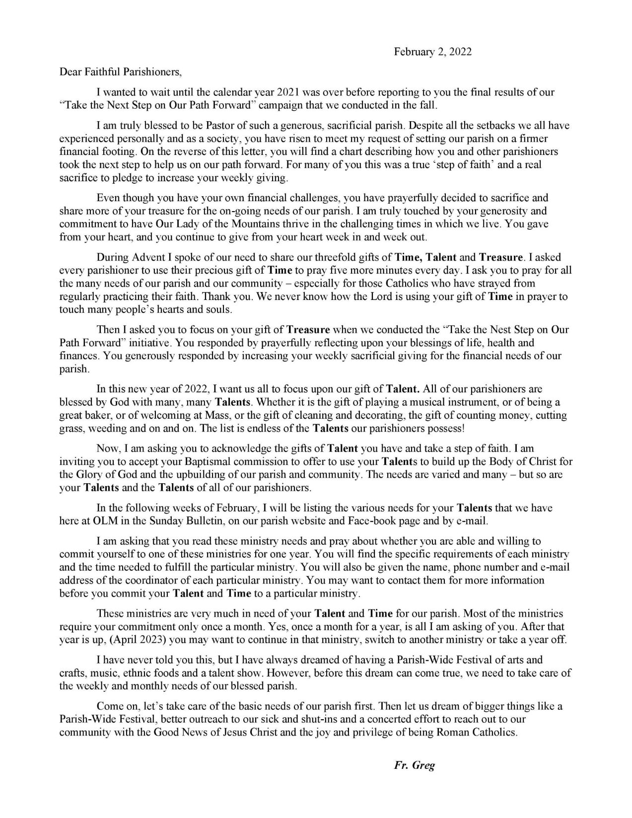| Fr. Greg’s Letter – February 2, 2022Our Lady of the Mountains